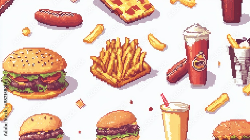 Pixel Art Fast Food Vector Set with Burger,pizza,Soda,Ice Cream,Hot Dog ...