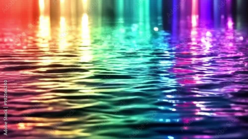 Rainbow light beams reflect off rippling water, creating a vibrant and ...