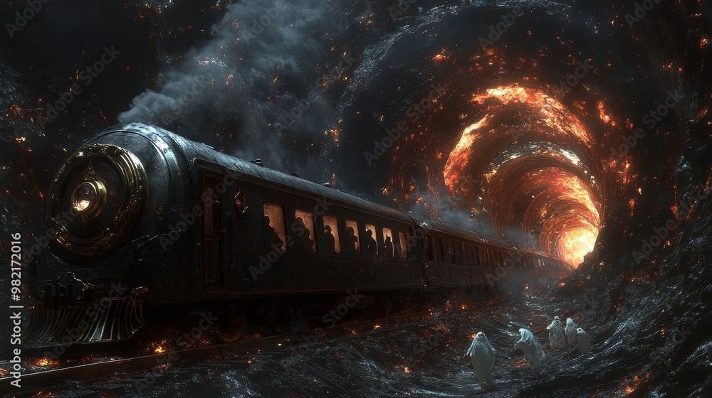 Eerie locomotive from the past appearing through a vortex with ghostly ...