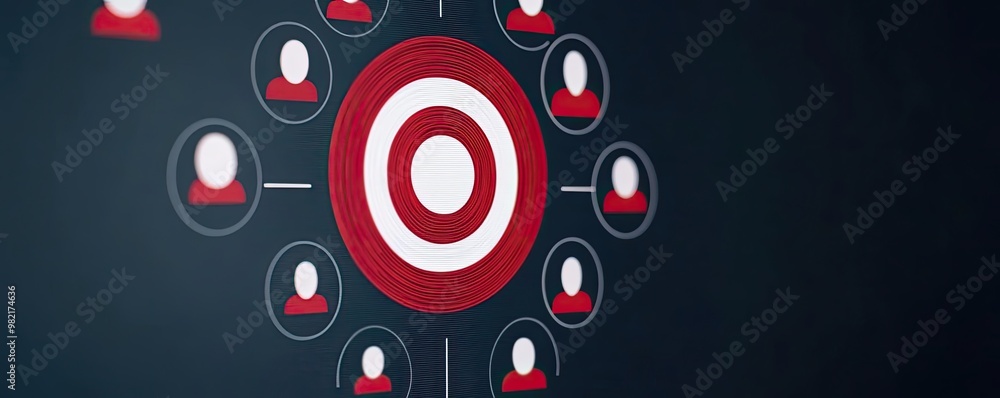 A digital screen displaying a target symbol with diverse customer icons ...