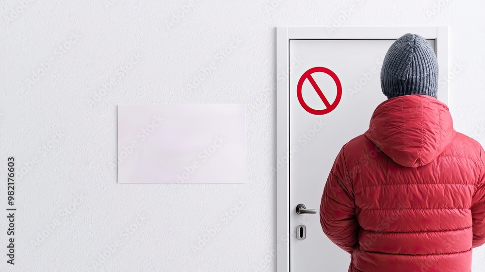 A person standing outside a locked office door with a No Entry sign ...
