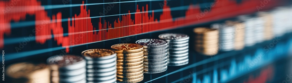 coins with a financial graph background, depicting trends in currency ...