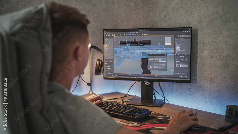 Caucasian teenager creates 3D model and animation of sniper rifle using ...