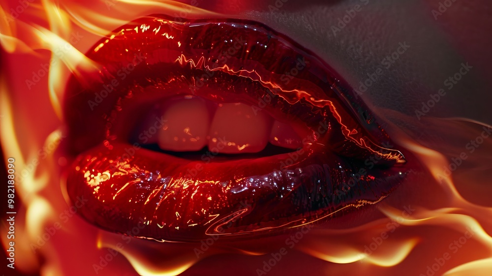 Fiery close-up of glossy red lips with flames wrapping around them ...
