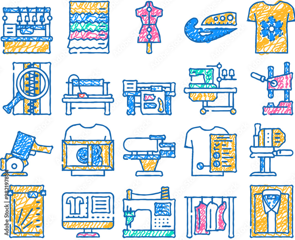 factory sewing sew machine doodle icons set vector. sketch line art ...