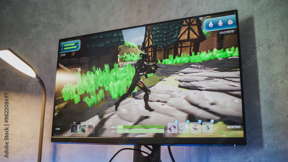 Gameplay of 3D third person shooter on personal computer screen. Close ...