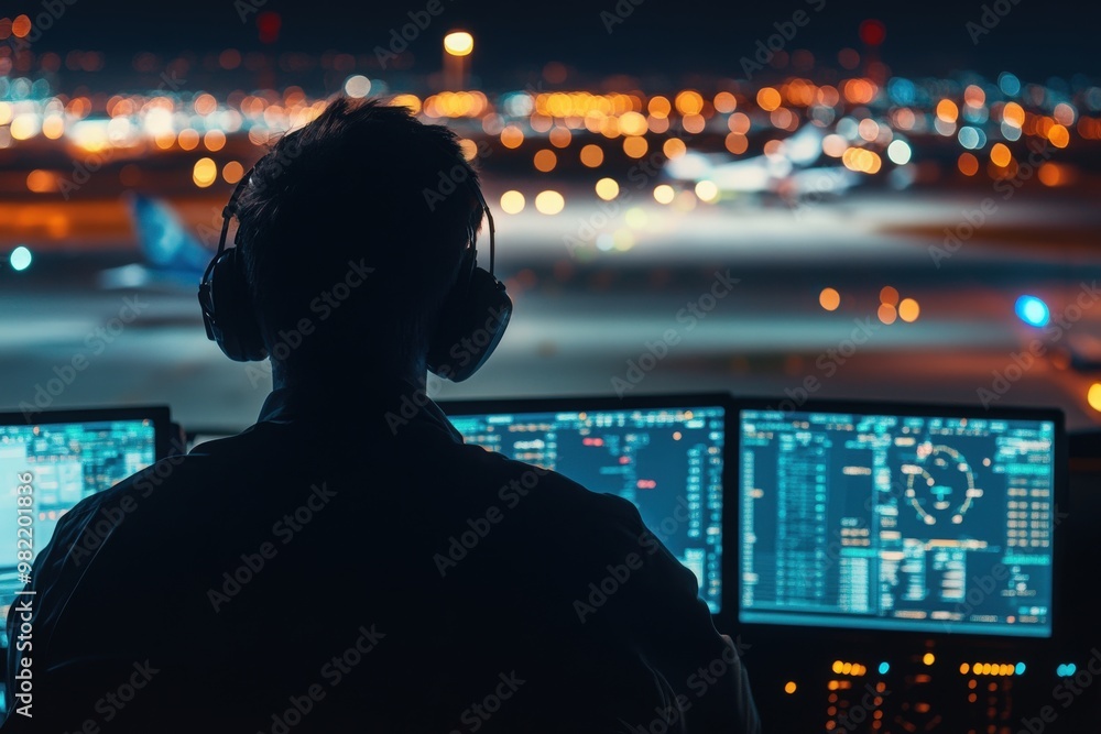 Air traffic controller overseeing runway operations during the night ...