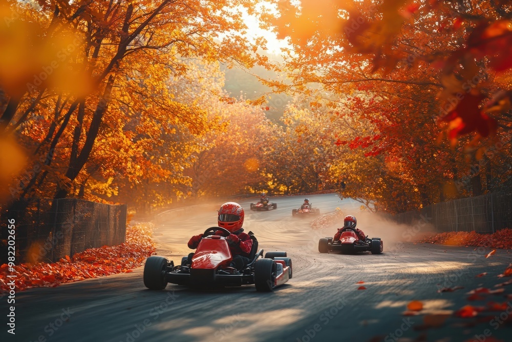 Go-kart drivers maneuvering through a course surrounded by the rich ...
