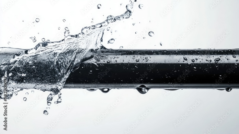 PVC plastic pipe leaking water from a crack, with water droplets ...