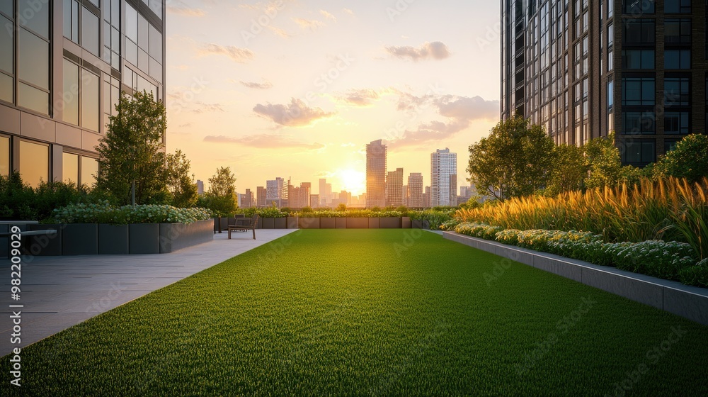 Rooftop sky garden in an urban setting, surrounded by high-rise ...