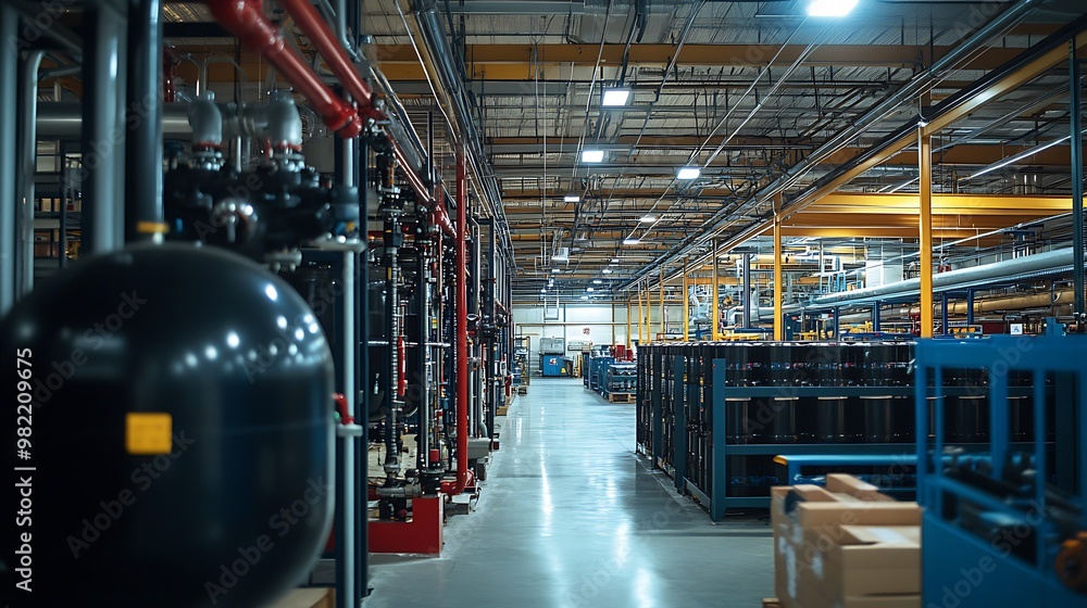 A factory interior with a detailed view of an overhead fire sprinkler ...