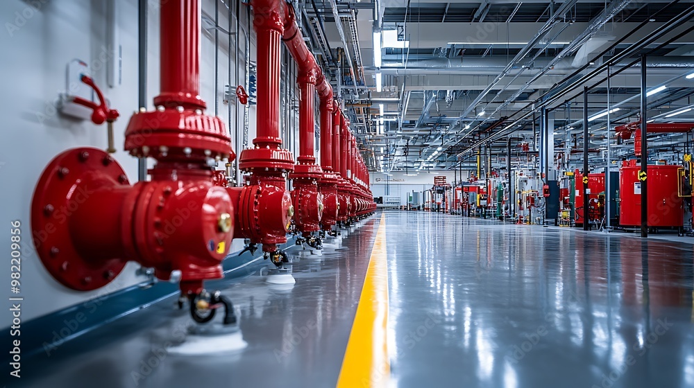 An industrial fire suppression system installed in a large factory ...
