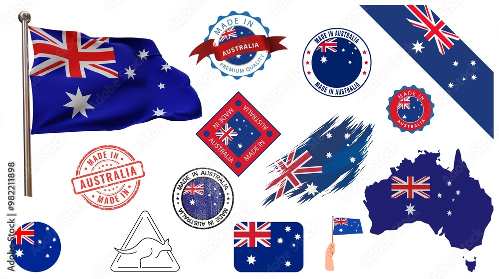 Big set of Australian ribbons, symbols, icons and flags isolated on a ...