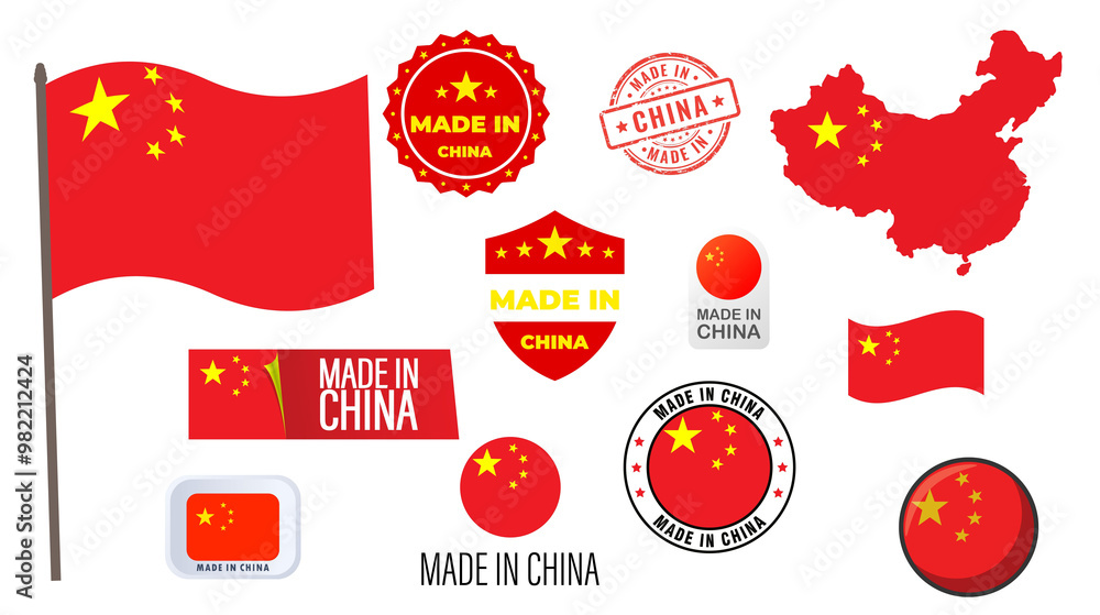 Big set of Chinese ribbons, symbols, icons and flags isolated on a ...