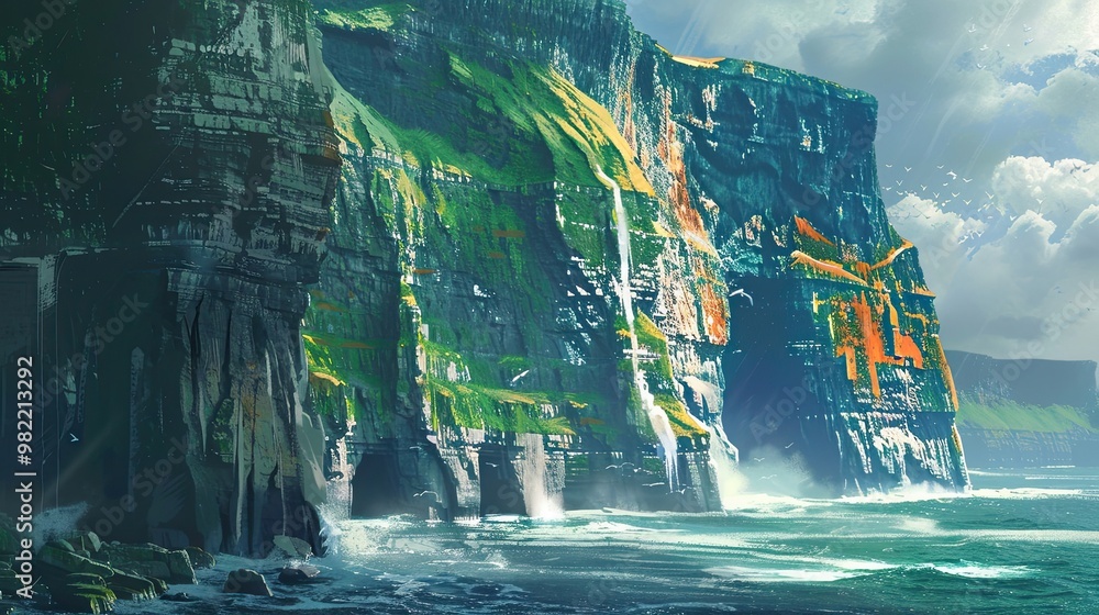 Fictional Cliffs of Moher glowing in Irish flag hues rising above a ...