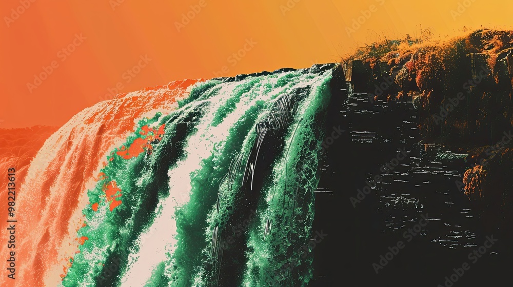 Non-real Victoria Falls glowing in Zambian flag colors with clear skies ...