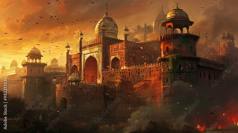 Non-real Red Fort lit in Indian flag colors under twilight skies domes ...