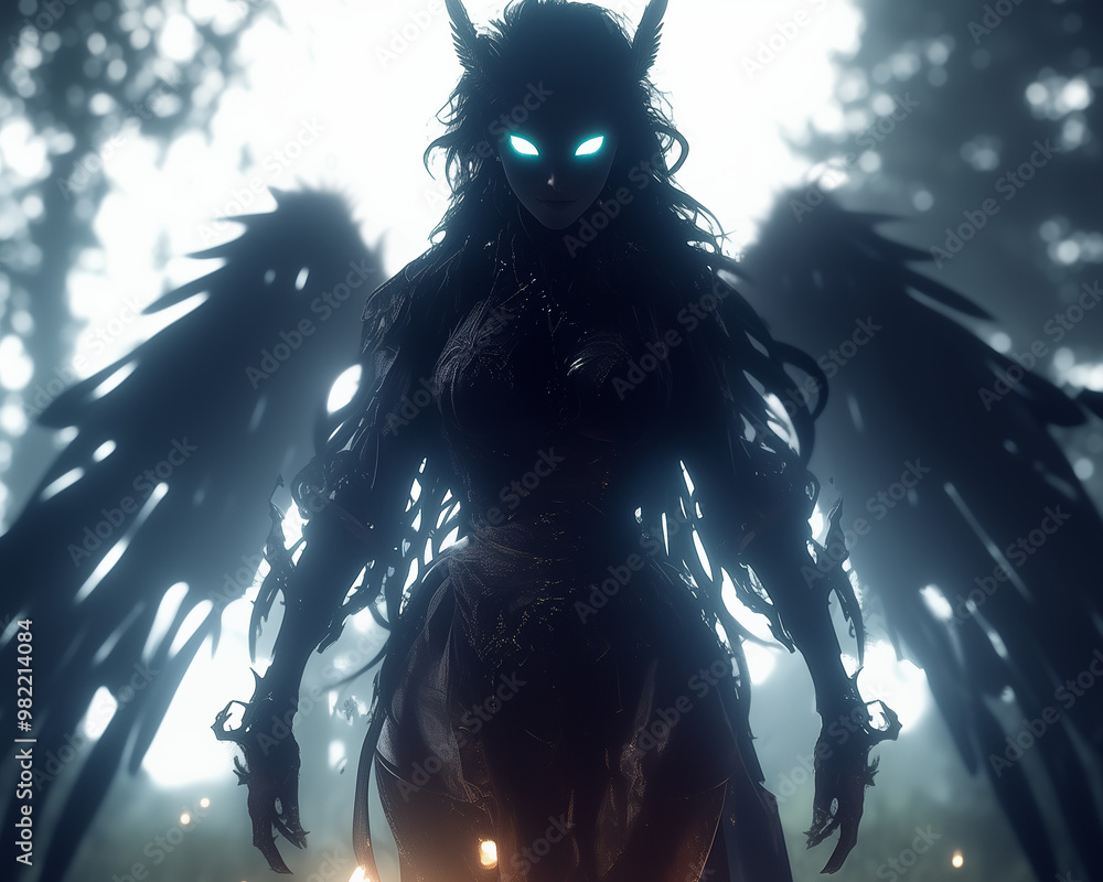 mysterious female fallen angel with glowing eyes and dark wings ...