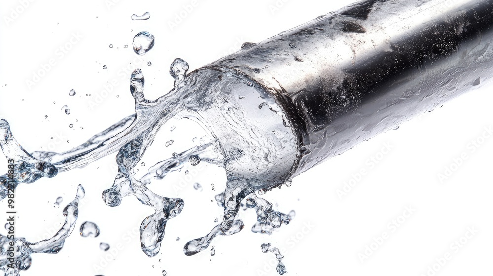 Water jets out of a damaged PVC pipe, with clear splashes, illustrating ...