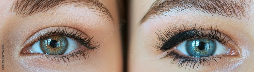 A close-up comparison of an eye with and without makeup, showcasing ...