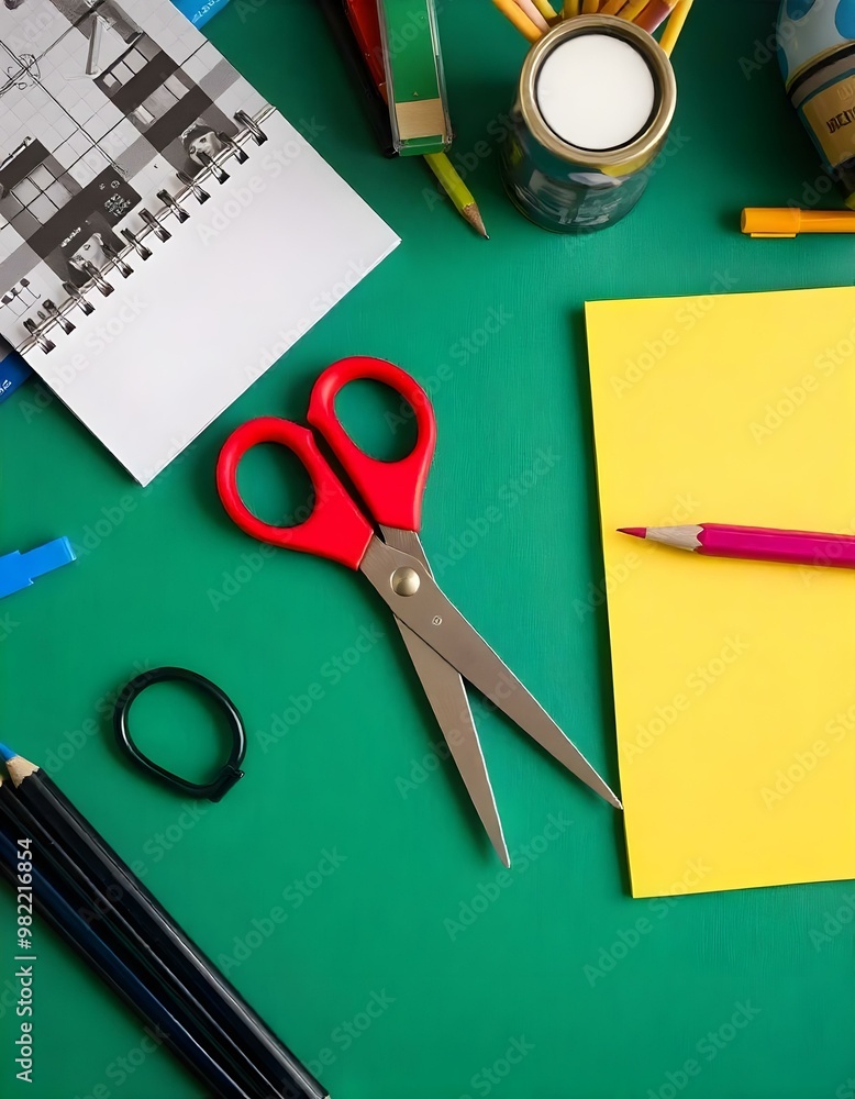 Scissors school study table space desk supply office design concept ...