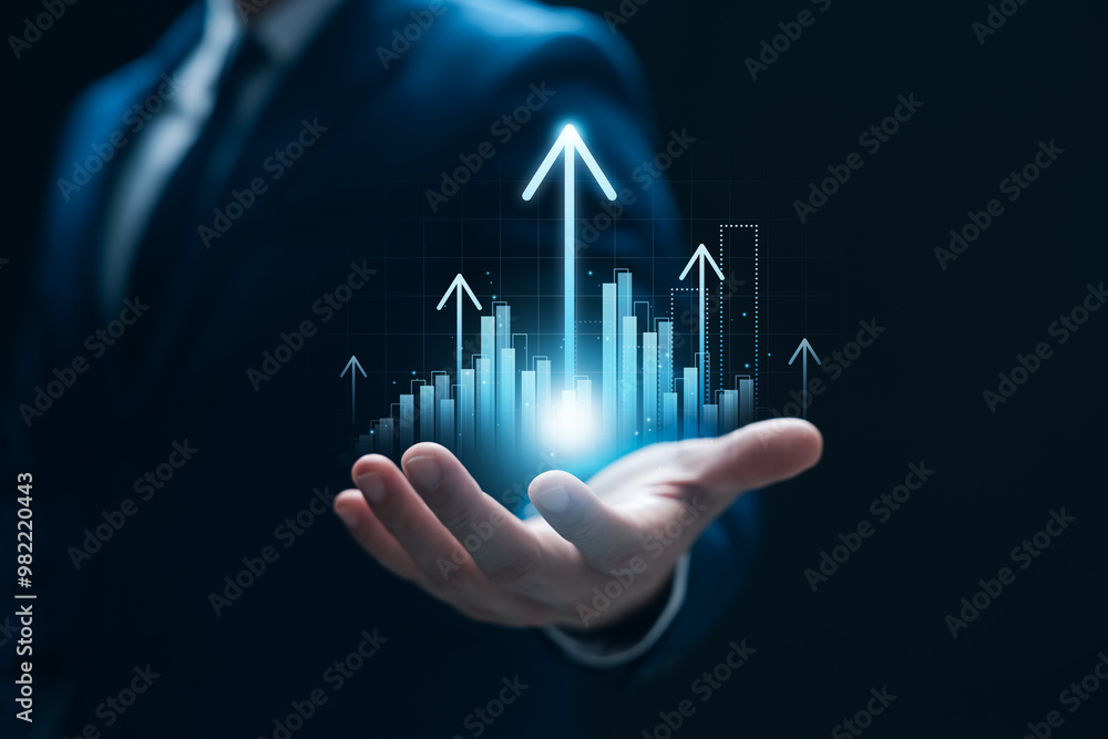 business growth chart Up arrow sign, businessman hands showing graph ...