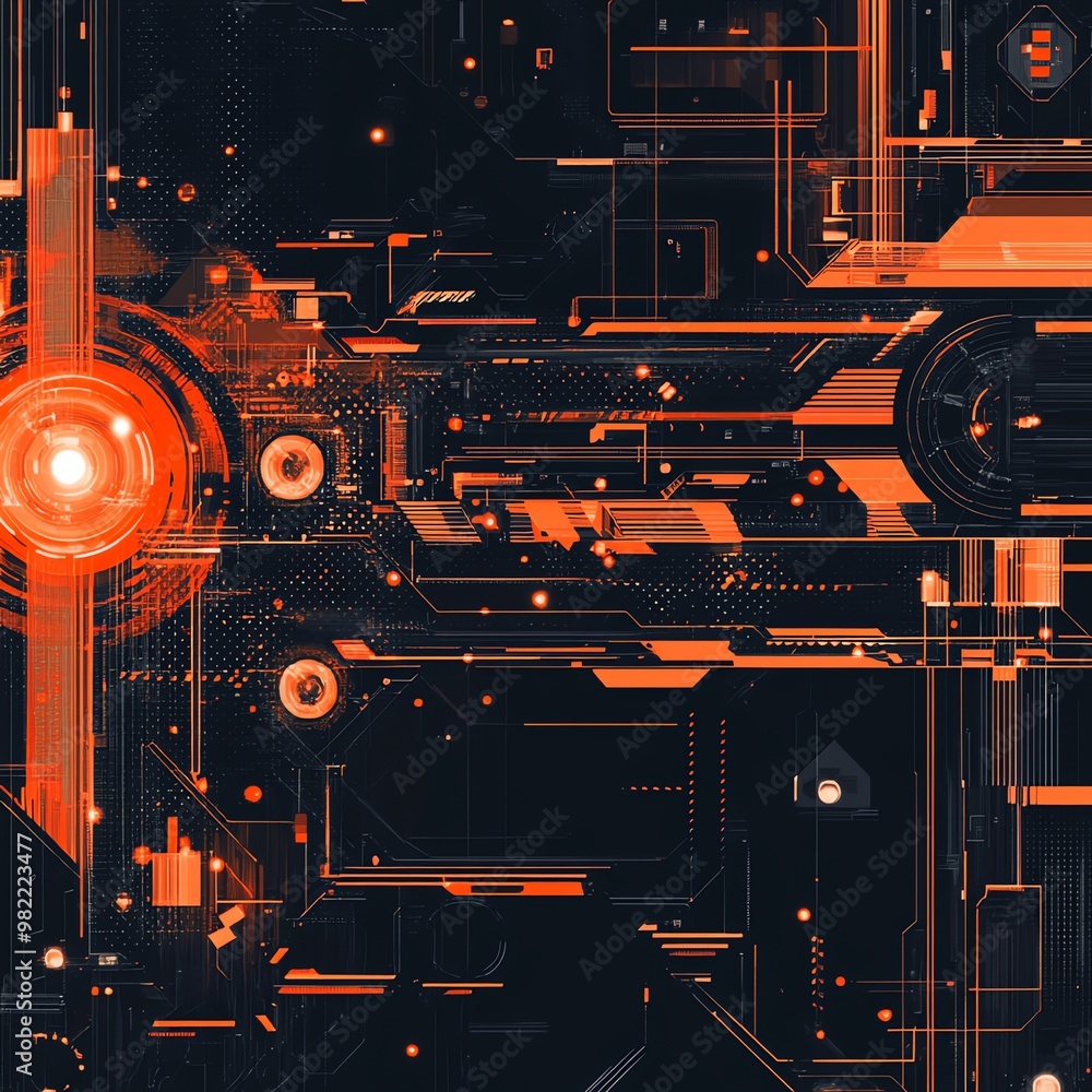 Abstract digital art featuring glowing orange and black tech elements ...
