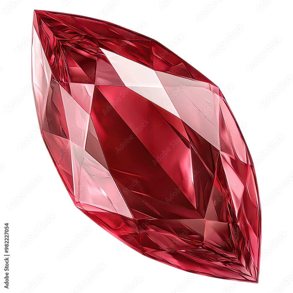 Brilliant-cut red ruby gemstone with marquise shape and sharp facets on ...