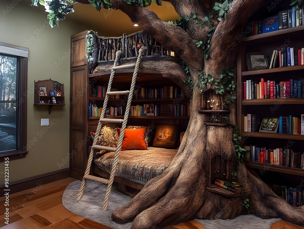 Escape to a whimsical treehouse library with a cozy reading nook, built ...