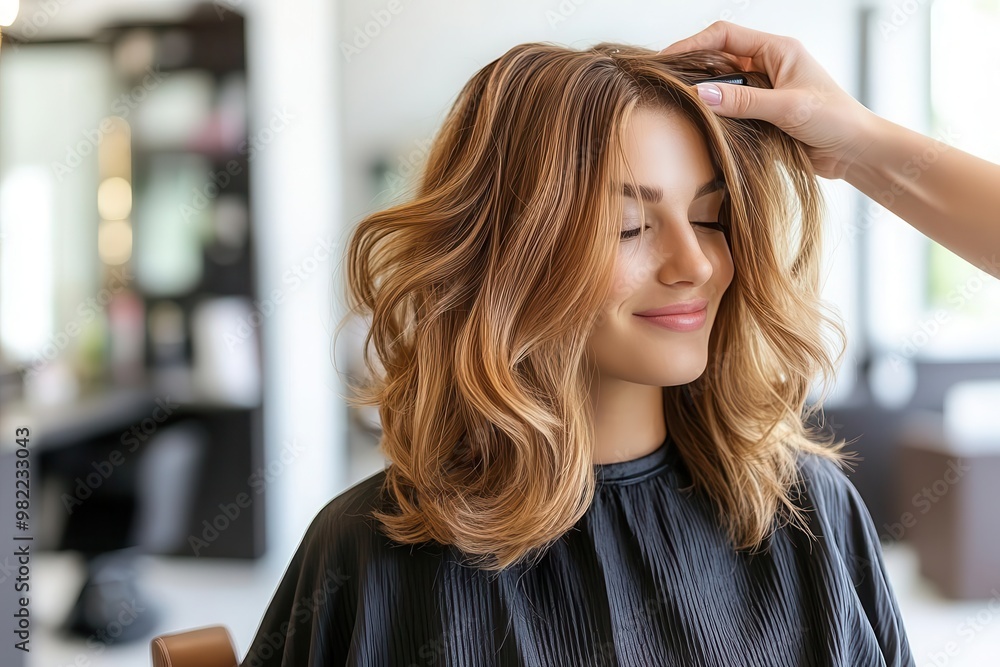 Front-facing, woman in a stylish salon chair, hair being styled by a ...