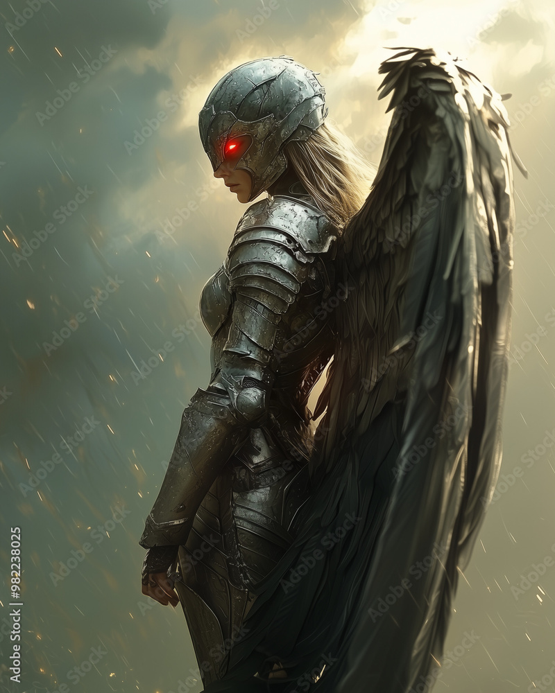 fierce female fallen angel warrior with red glowing eyes in dark armor ...