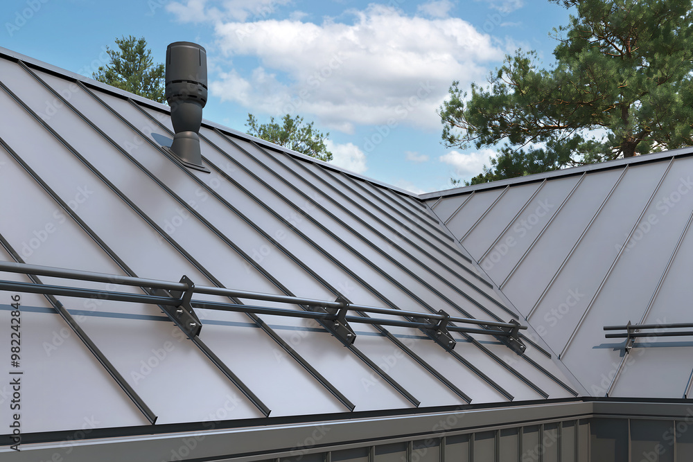 Close-up house retro roof panel with standing seam and fasteners ...