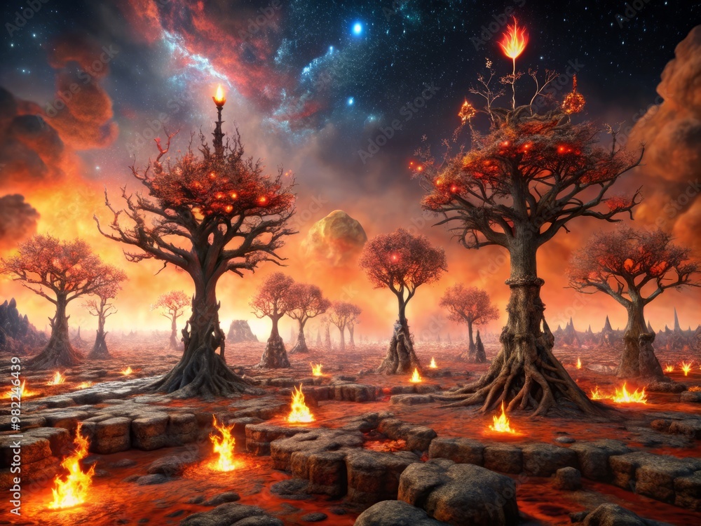 Dark, twisted metal trees rise from the earth amidst a sea of glowing ...