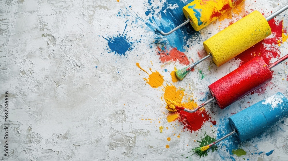 Paint Rollers and Color Palette with Splashes Stock Illustration ...