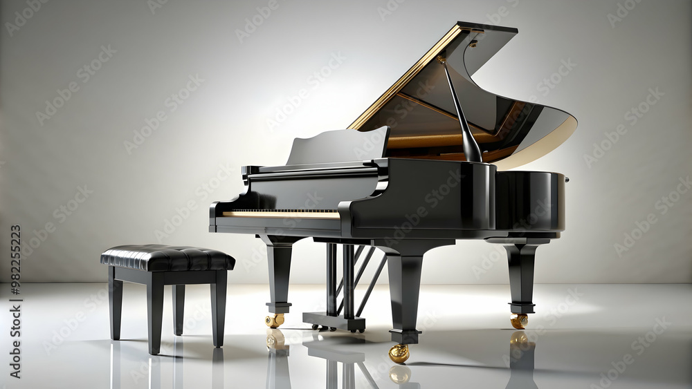 Realistic rendering of a black Yamaha grand piano from the side with a ...