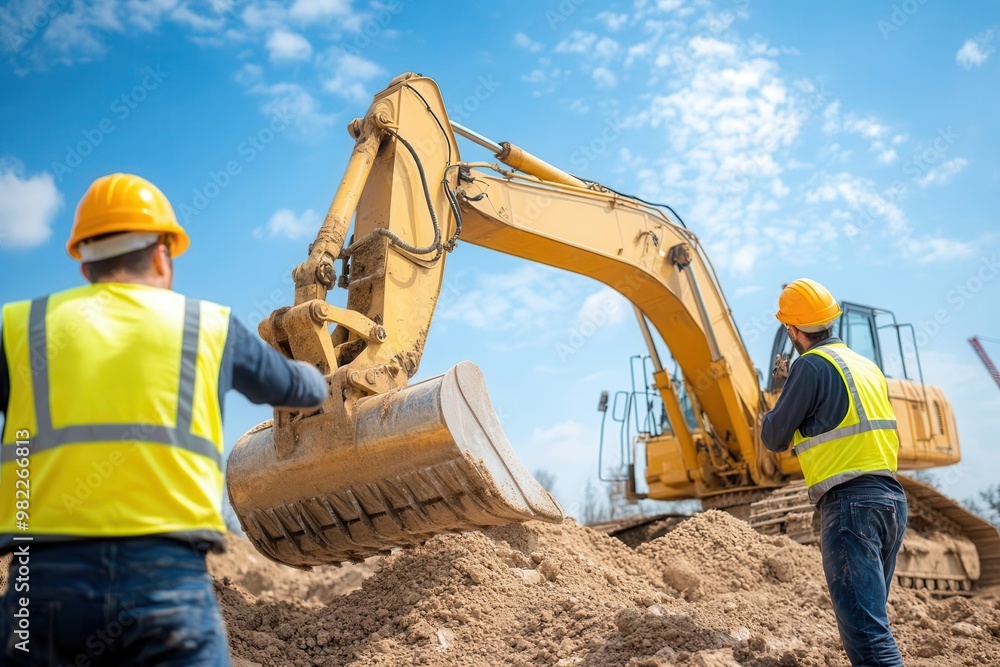 Workers in hardhats operating heavy equipment with precision ...