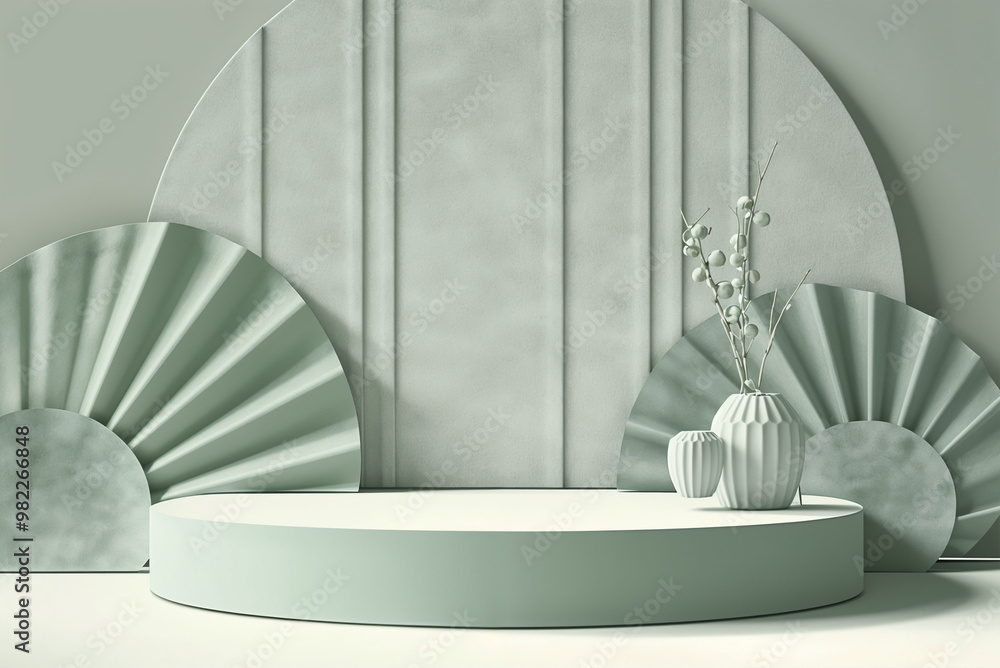 Contemporary Display Pod with Abstract Pastel Green Fabric Circles – 3D ...