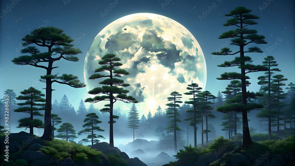 Japanese-style featuring lush pine trees under a bright, full moon ...