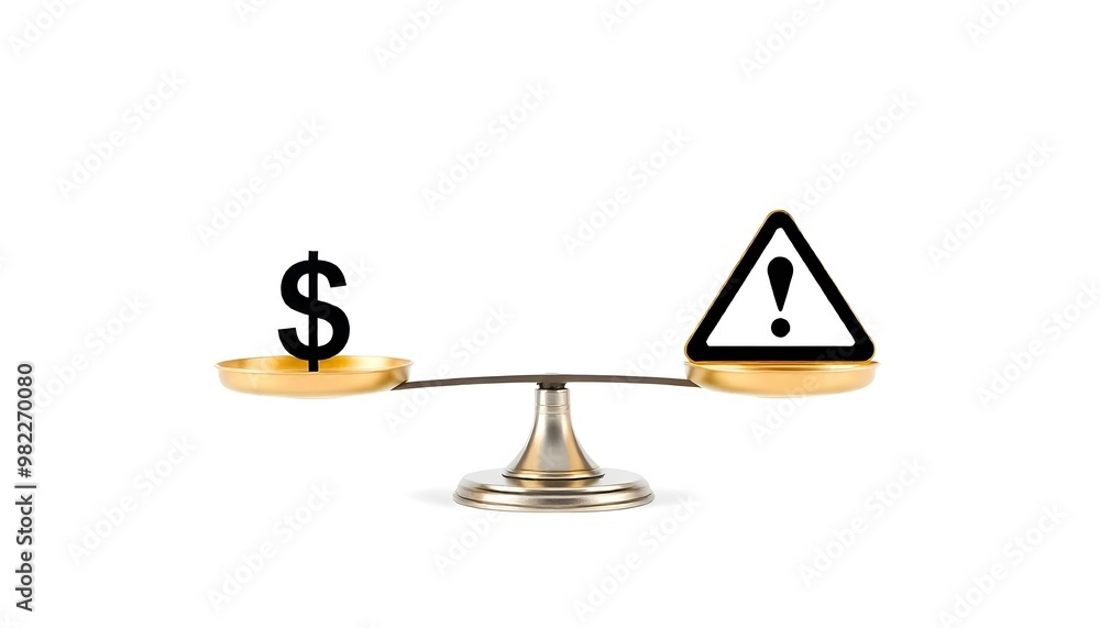 Balance scale with a $ dollar sign and caution sign representing the ...