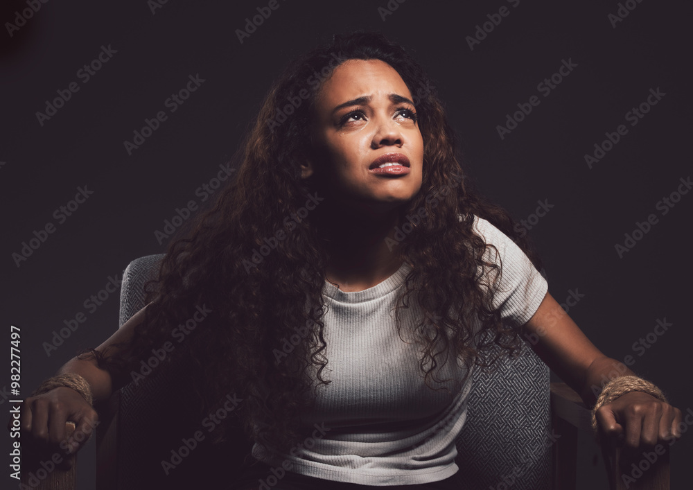 Woman, hostage and chair with abuse, anxiety and fear for mental health ...