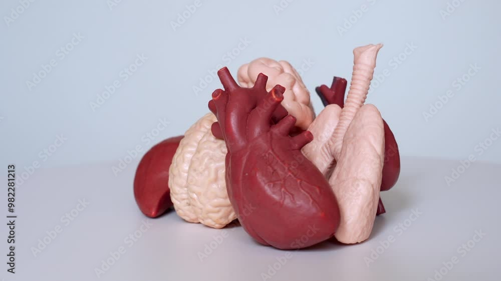 Close-up footage of a group of anatomical models of human internal ...