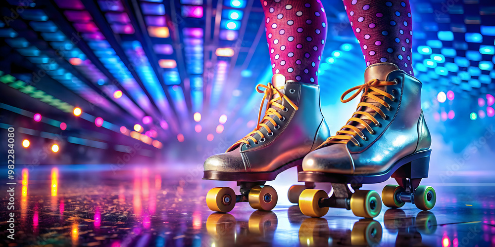 Unrecognizable legs wearing retro roller skates in a disco 80s , retro ...