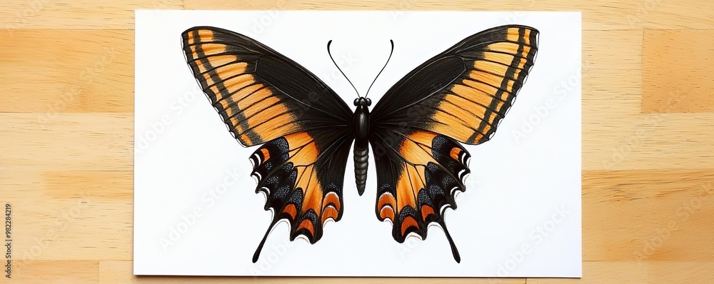 Realistic pencil drawing of a butterfly on white paper, with carefully ...