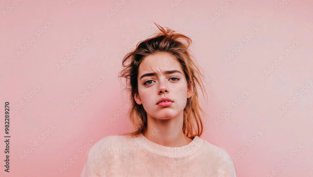 Tired young woman with messy hair and sad expression, isolated on pink ...