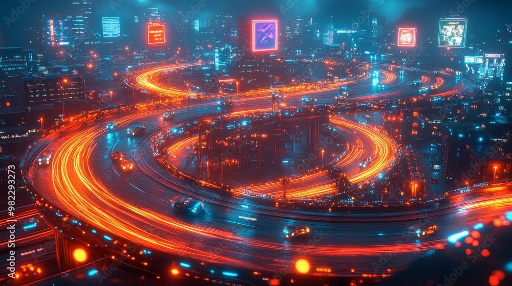 A city roundabout under glowing neon signs, autonomous cars in fluid ...