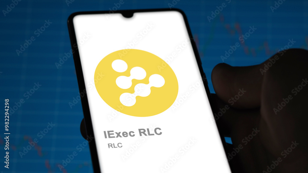 Close up on logo of (RLC) iExec RLC on the screen of an exchange. (RLC ...