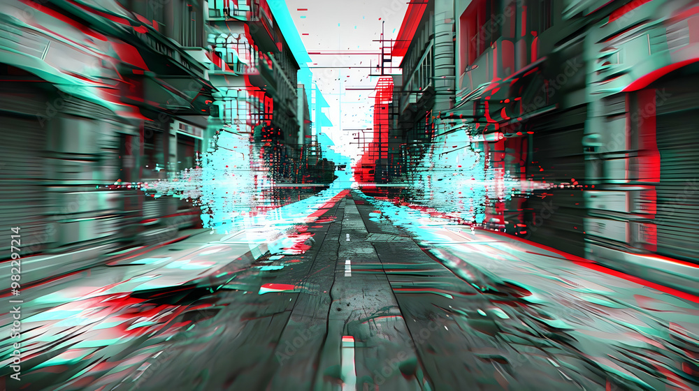A Glitch-Filled Urban Street Scene Depicting a Distorted Perspective of ...