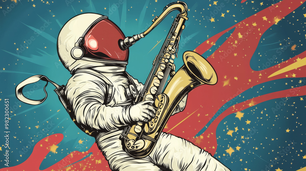 Astronaut playing jazz on a saxophone in space, depicted in a pop art ...