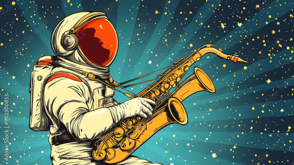 Astronaut playing jazz on a saxophone in space, depicted in a pop art ...