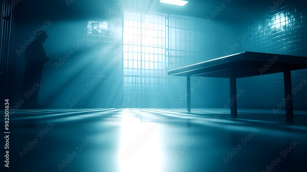 A prison interrogation room with a steel table, flickering fluorescent ...